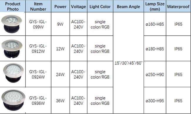 3W/6W/9W/12W/18W/24W/36W AC100V-240V LED inground Light IP65